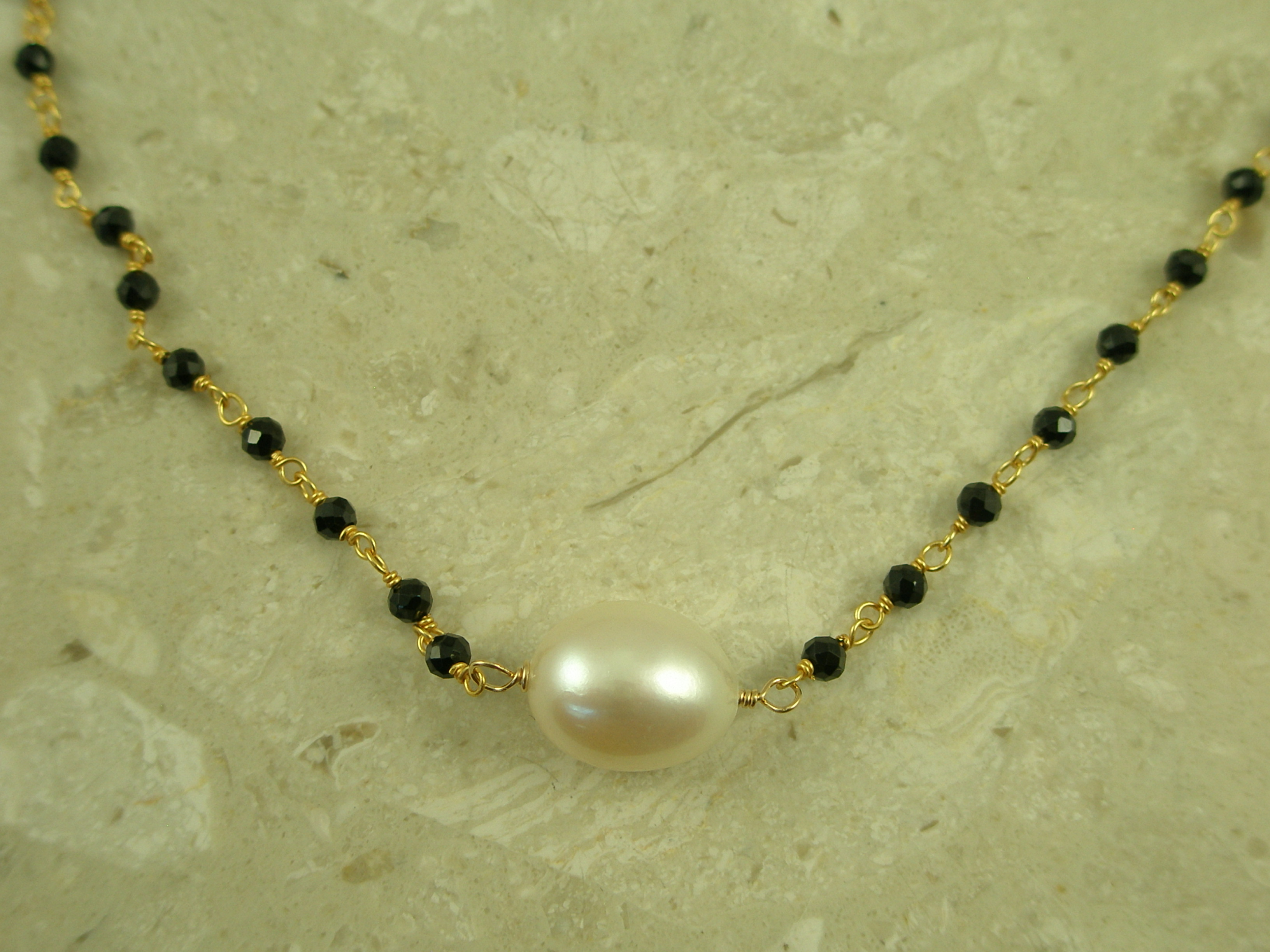 Genuine Spinel/Pearl Gold Filled Necklace/Night Day